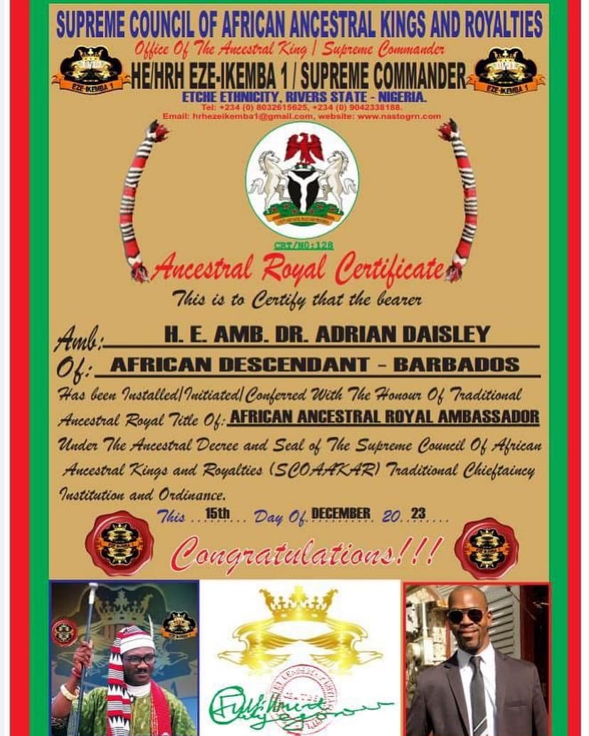 BARBADIAN ENVOY CONFERRED WITH ANCESTRAL ROYAL AMBASSADOR TITLE | The ...